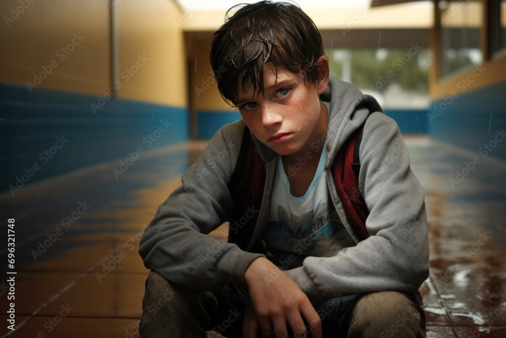 12-year-old Caucasian boy, tears streaming down his face, as he hides ...