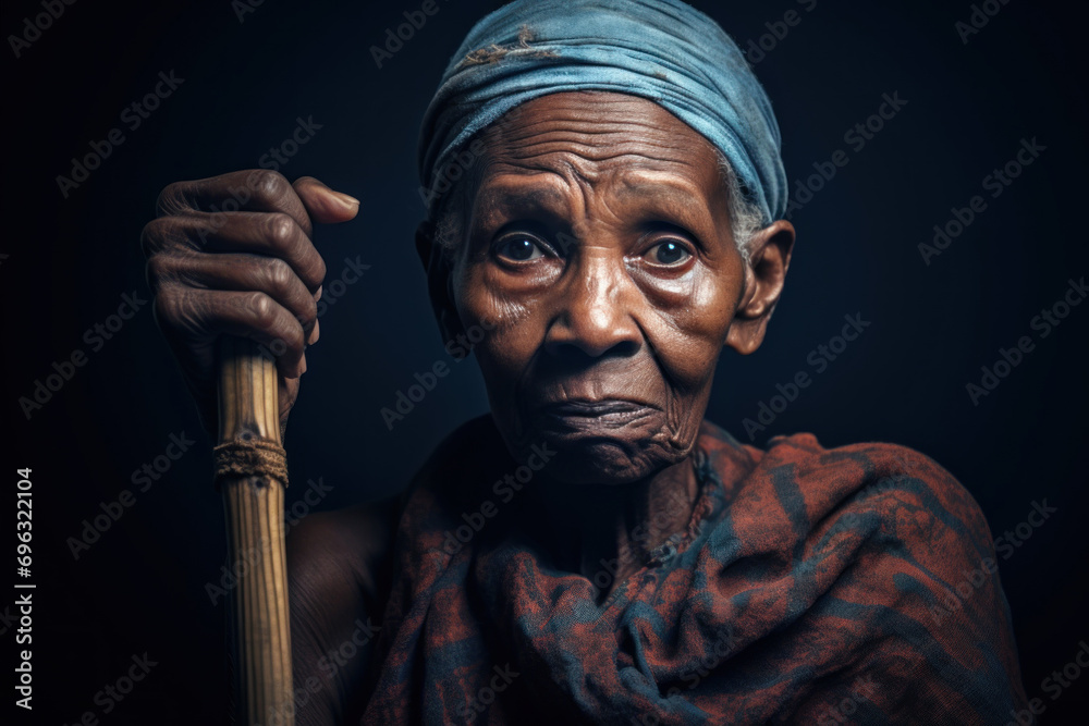 Old dark-skinned woman, gracefully using her hand on a cane to relieve ...