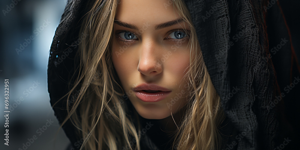 Mysterious woman with pale skin and white hair, enshrouded in dark ...