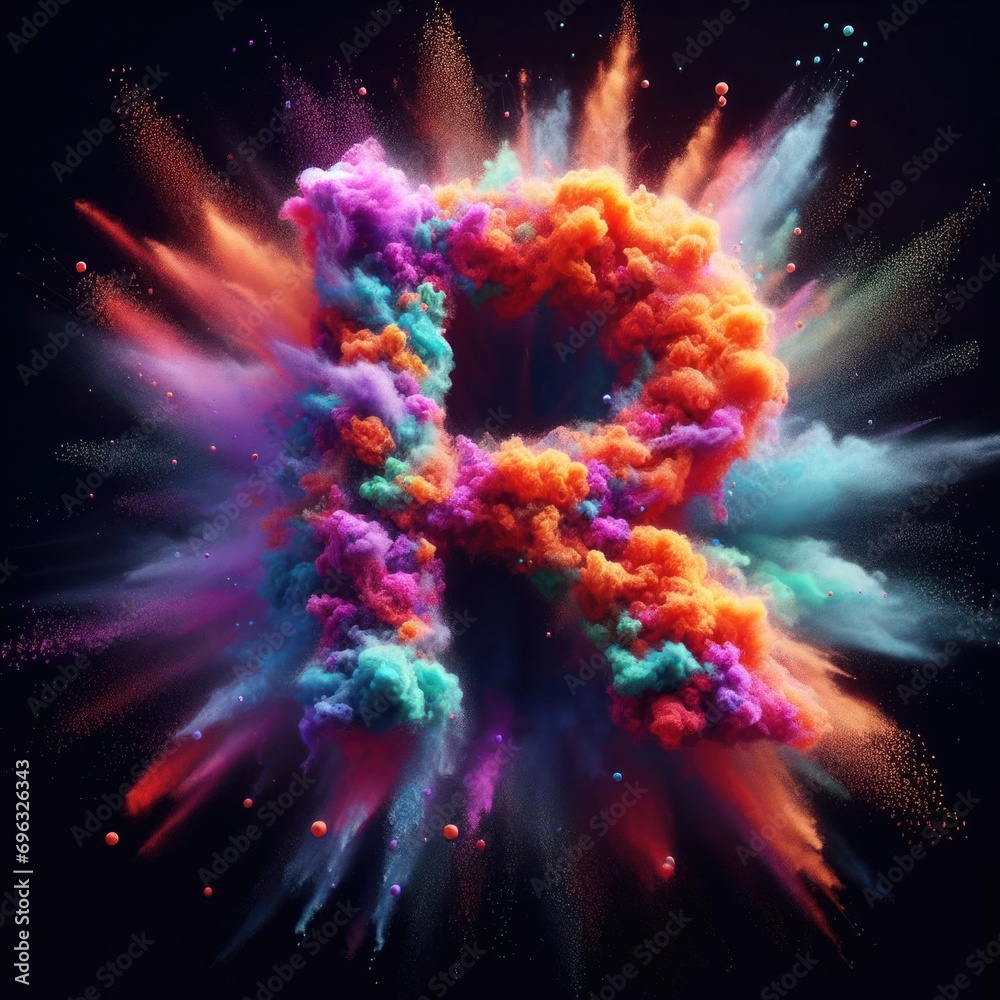 Letter R - Colored powder explosion font isolated on black background ...