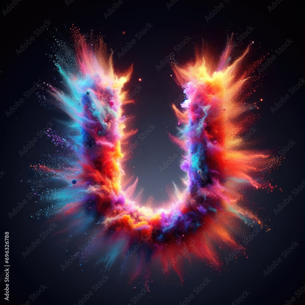 Letter U - Colored powder explosion font isolated on black background ...