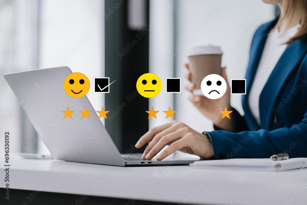 Happy Client customer experience concept. Woman recording laptop ...