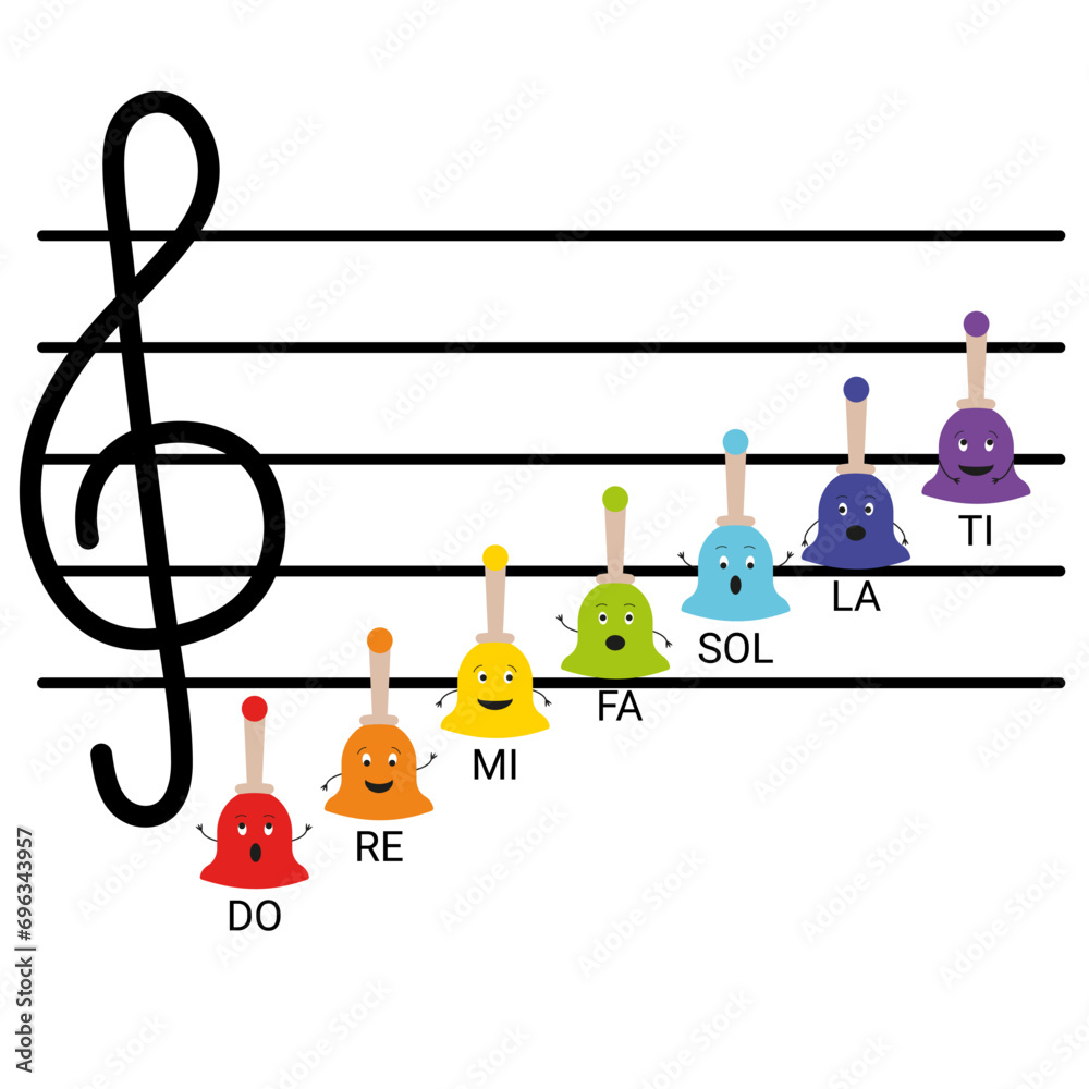 Vector rainbow colored musical handbells with notes and treble clef for ...