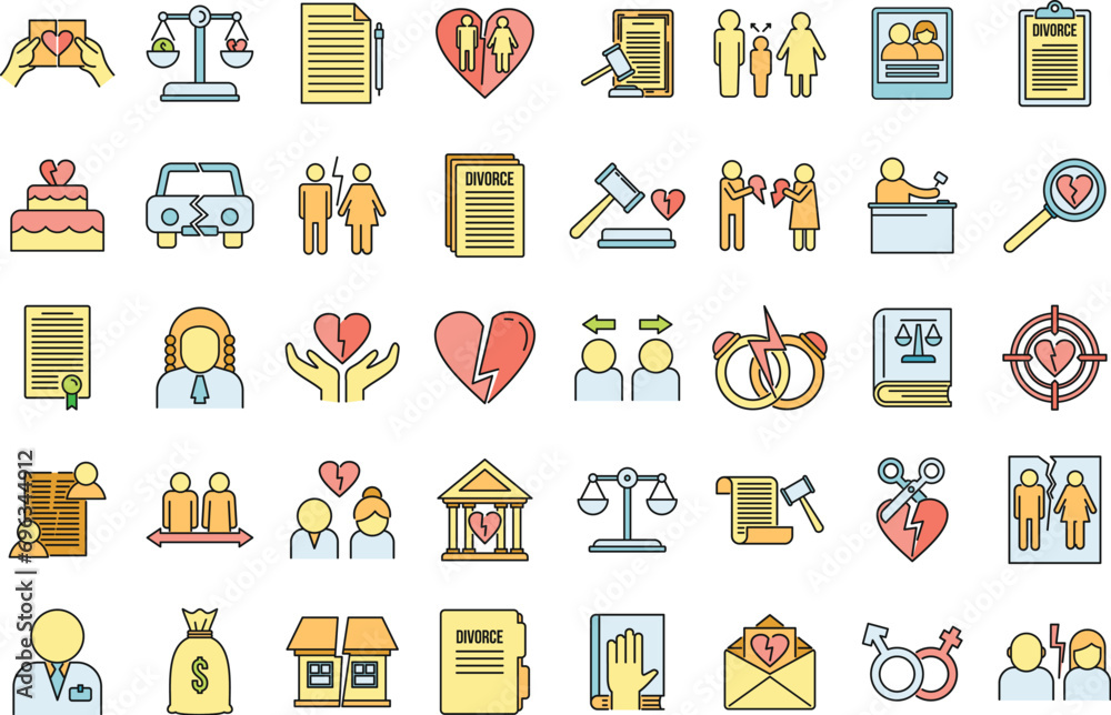 Divorce separation icons set. Outline set of divorce separation vector ...