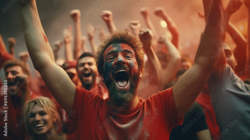 Cheering crowd at a football stadium. Fans cheering for their favorite ...