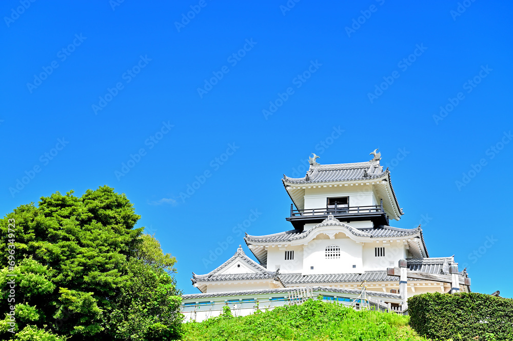 Restored Kakegawa castle main tower under the blue sky, Kakegawa city ...