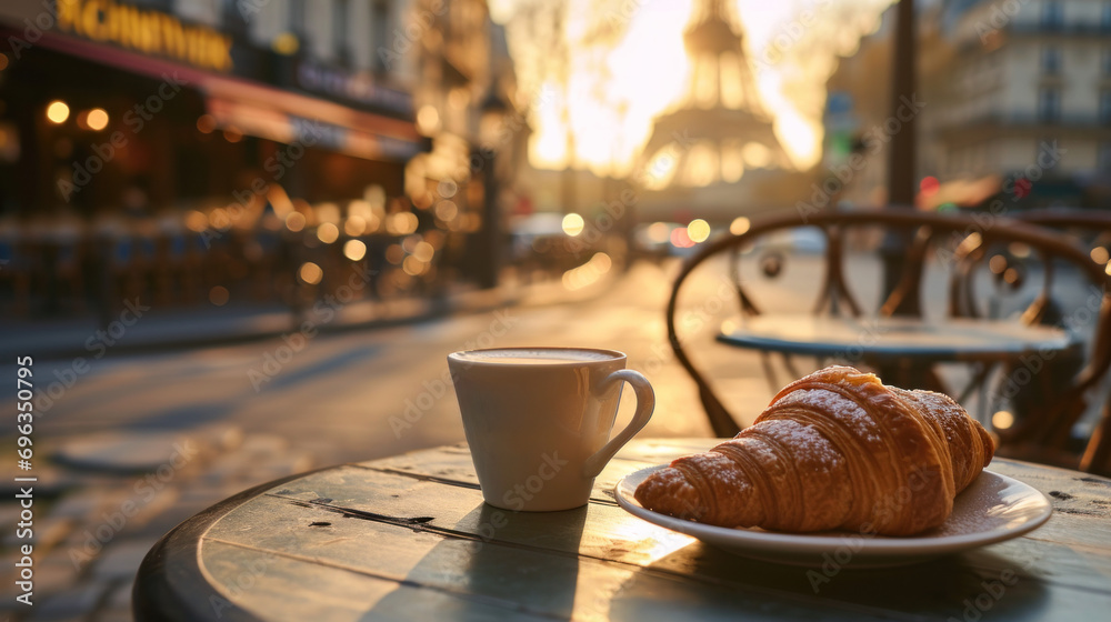 Petit déjeuner parisien, café crème et croissants sur la table en ...