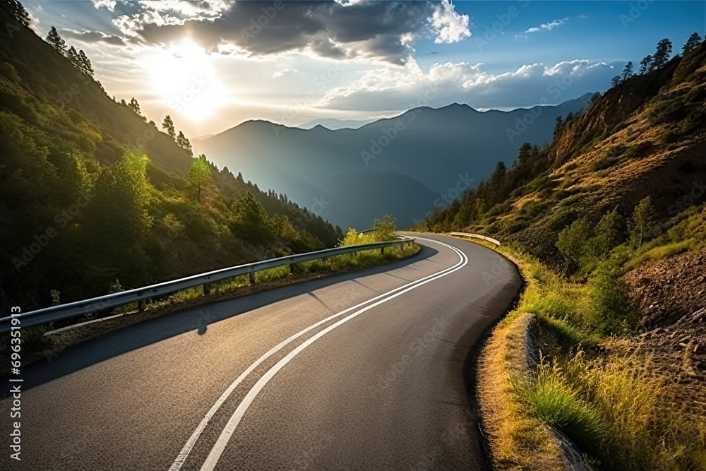 Scenic road trip through nature. Asphalt highway winds picturesque ...