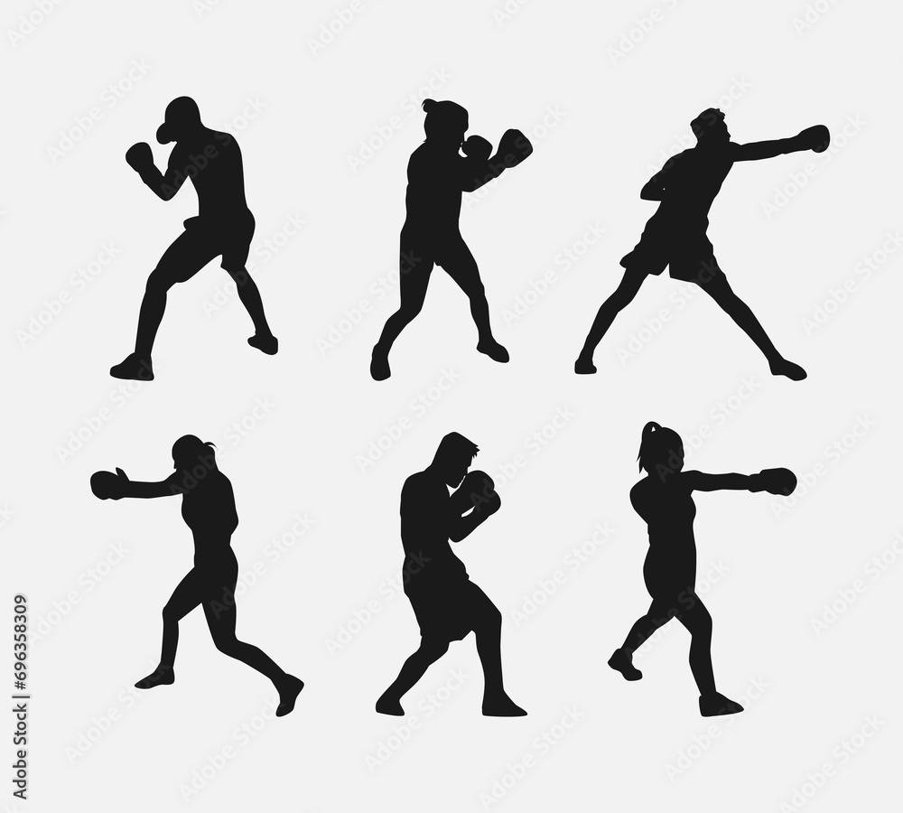 collection of silhouettes of boxers with different poses, gestures ...