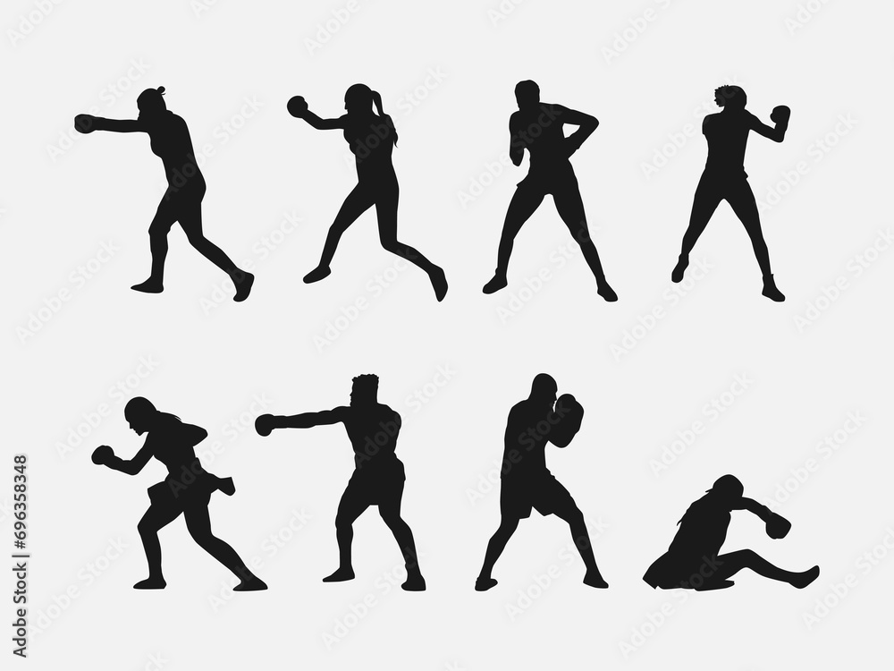 collection of silhouettes of boxers with different poses, gestures ...