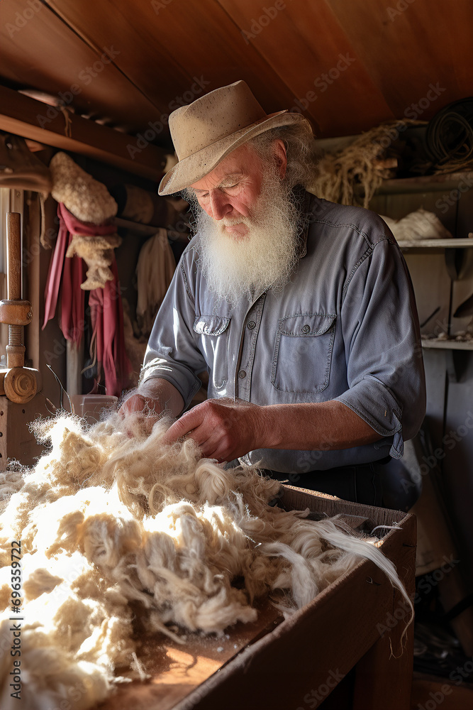 Bearded craftsman in a hat, meticulously sorting through a pile of ...