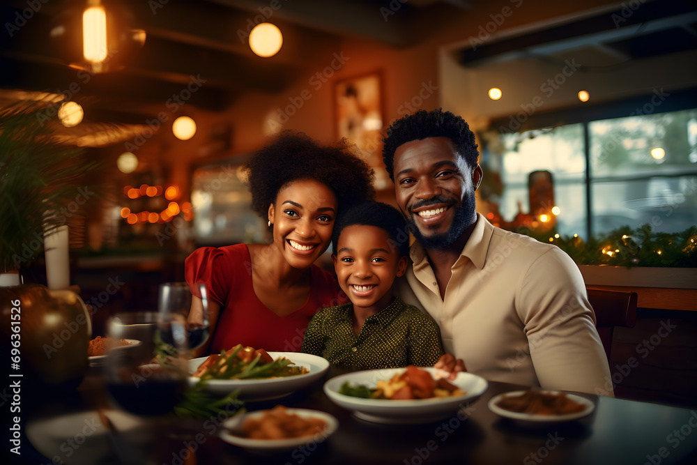 Foto de Portrait of happy African American family having dinner in ...