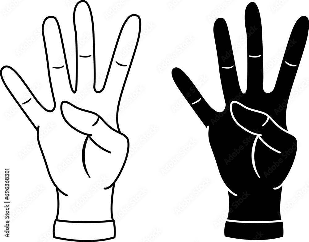 Hand Icons Show Number Four. Black and White Icons with Four Thumbs Up ...