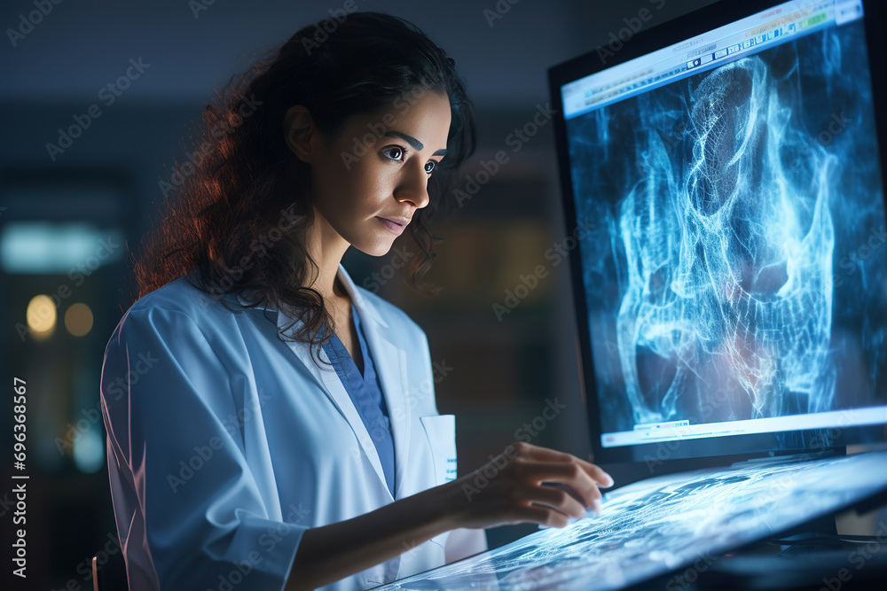 An expert female neurologist deeply engrossed in examining brain scans ...