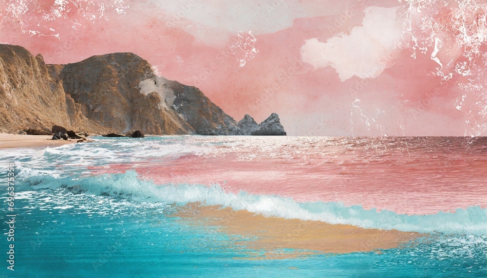 boho pink sea with waves art print abstract minimal background bohemian ...