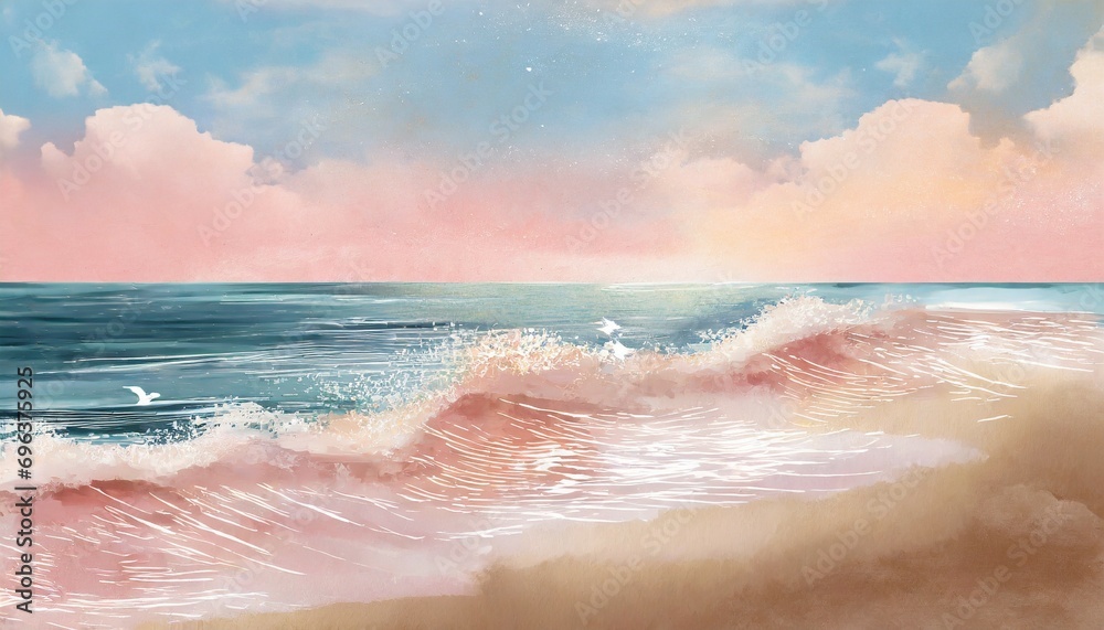 boho pink sea with waves art print abstract minimal background bohemian ...