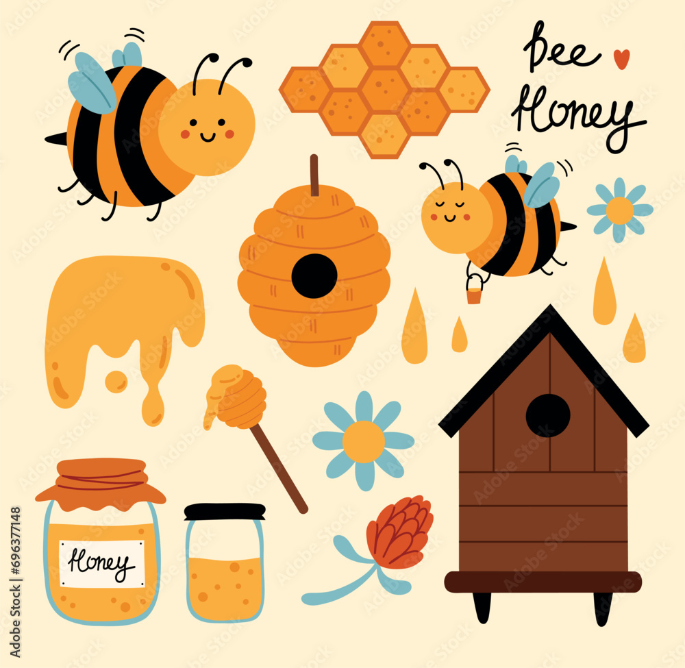 Cartoon honey apiary elements. Bees, beehives, hexagonal honeycombs ...