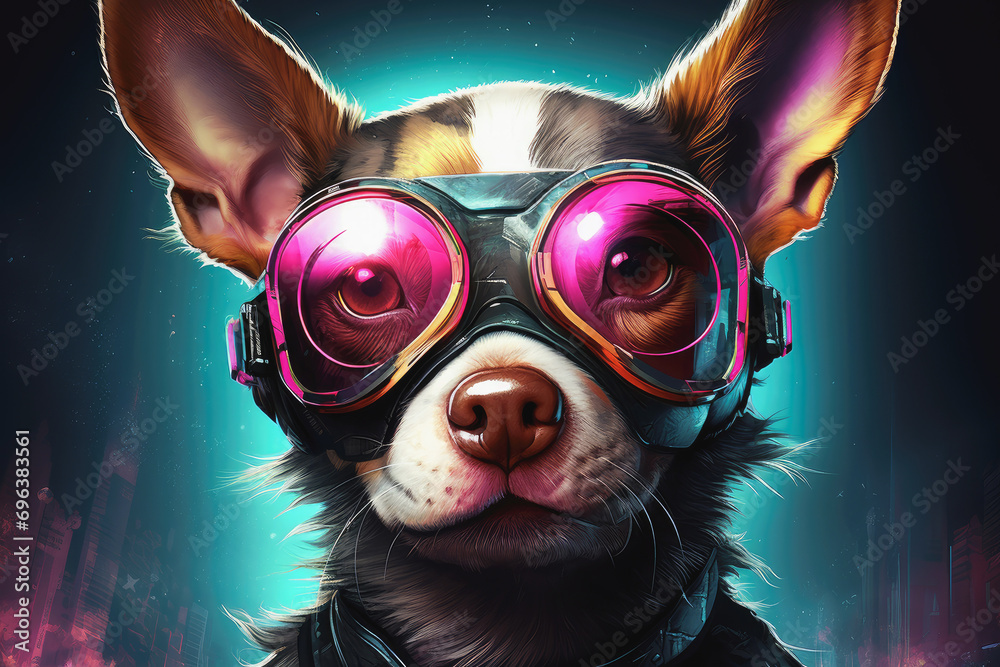 Drawing of a dog's head with glasses on a green background in cyberpunk ...