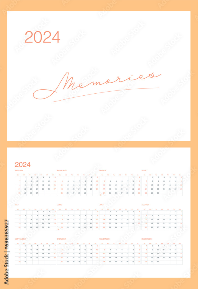 Minimalistic calendar grid for 2024 in English in 2024 orange color ...