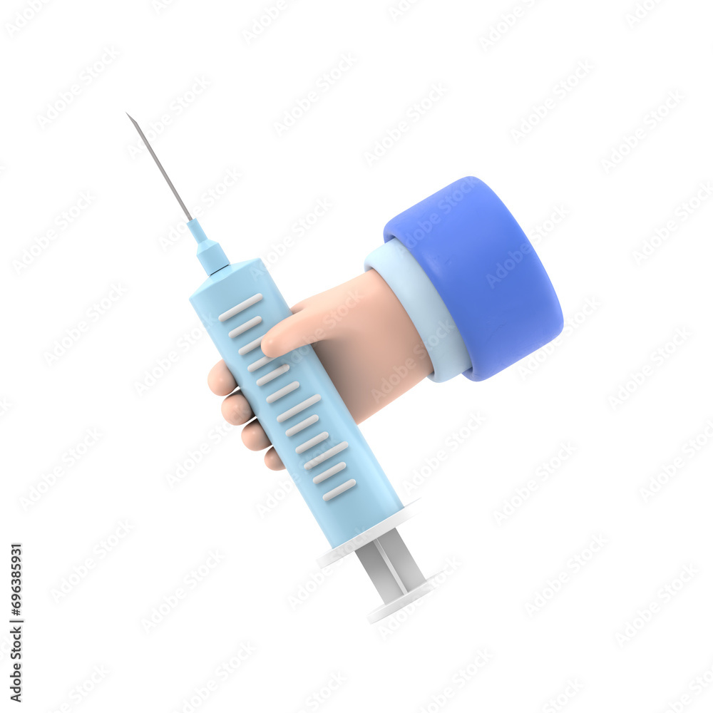 3d render. Doctor cartoon hand holding big syringe with vaccine against ...