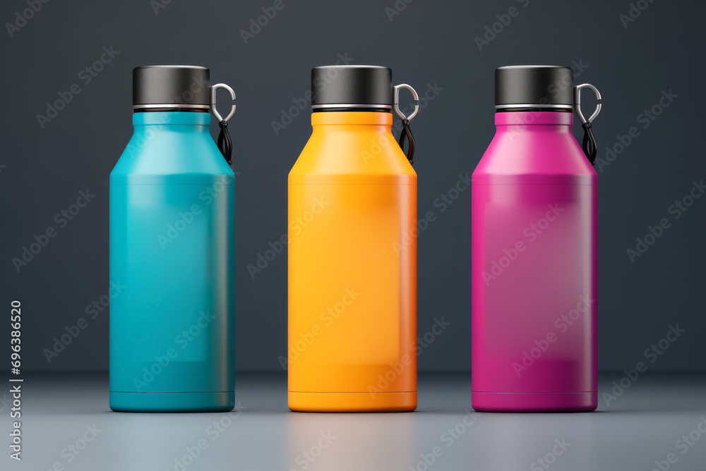 Botellas termo resistentes estilo mockup de colores sobre fondo gris ... Botellas termo resistentes estilo mockup de colores sobre fondo gris ...