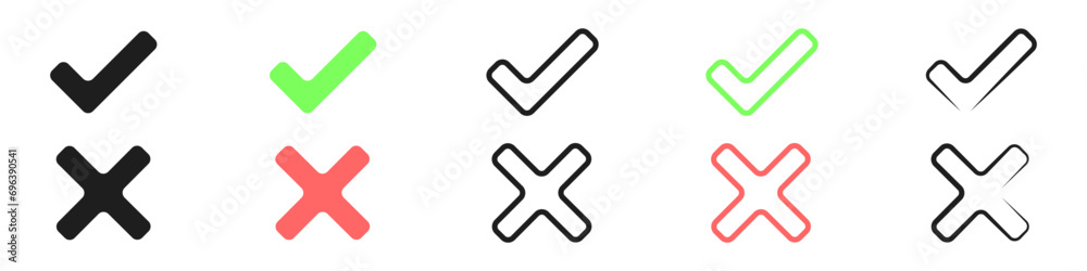 Tick and cross icon set. Outlines of a tick and a cross. Choice vector ...