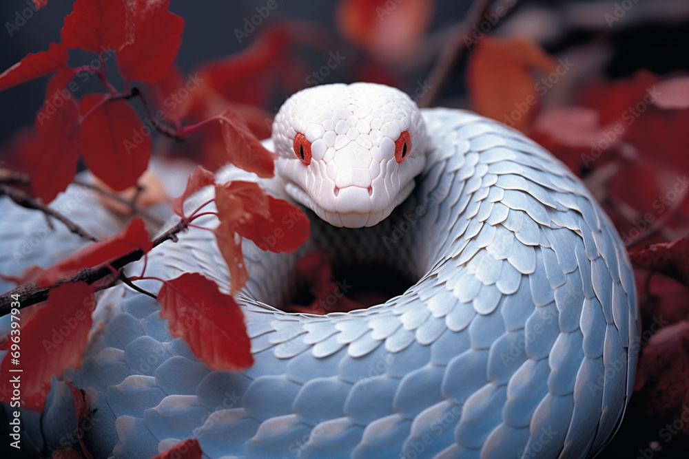 A captivating image of an albino cobra, its hood spread wide in a ...