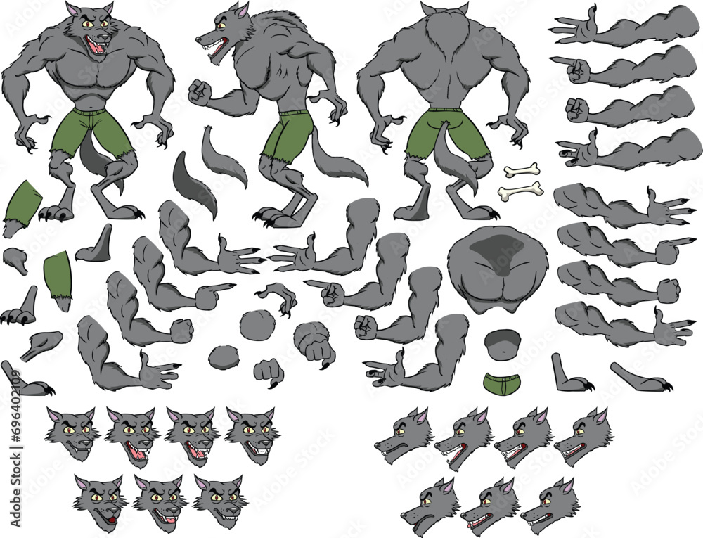 Vector cartoon style wolf character for animation. Different emotions, gestures and poses ...