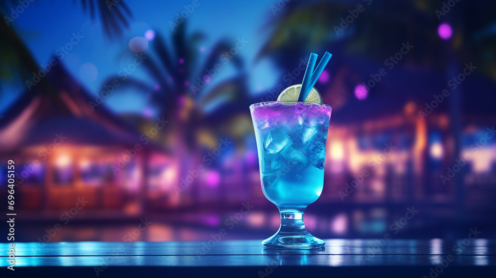 Colorful cocktails in a glass on the bar counter, neon lights on dark ...