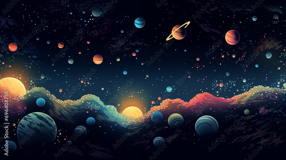 Cosmos cartoon background, planets, stars and clouds. Space background ...
