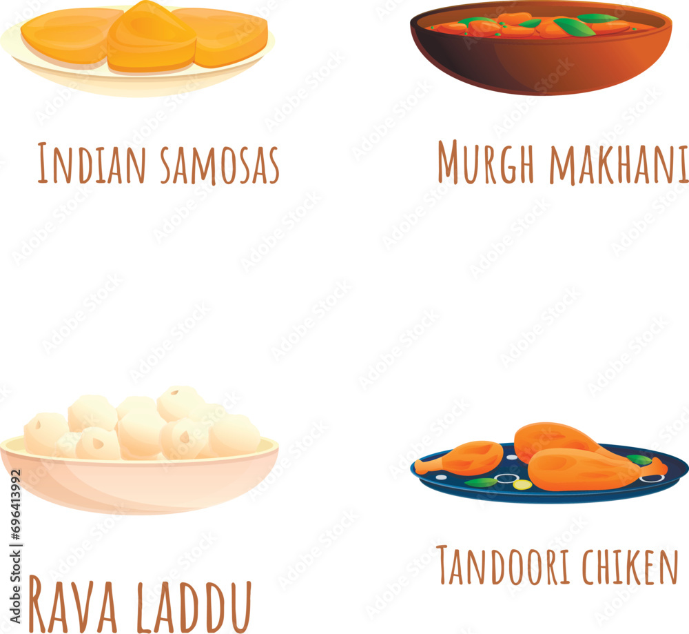 Indian cuisine icons set cartoon vector. Traditional indian meal. Asian ...