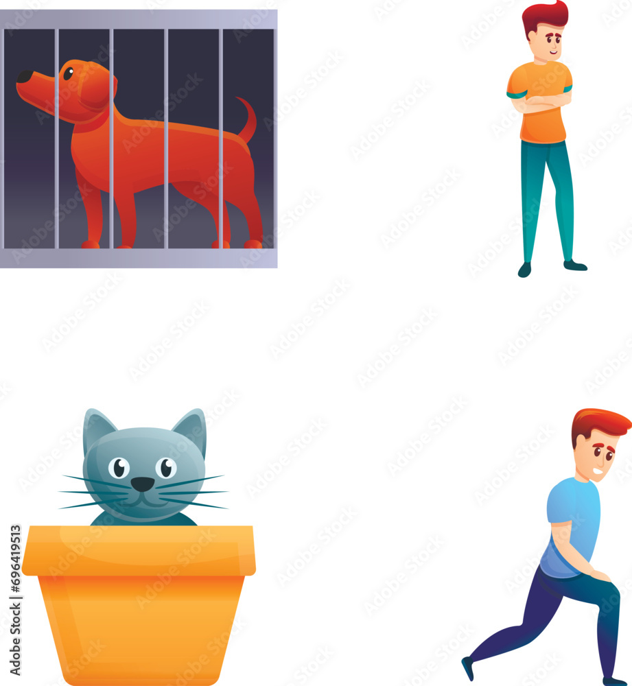 Catching animal icons set cartoon vector. Pet catcher man dog and cat ...