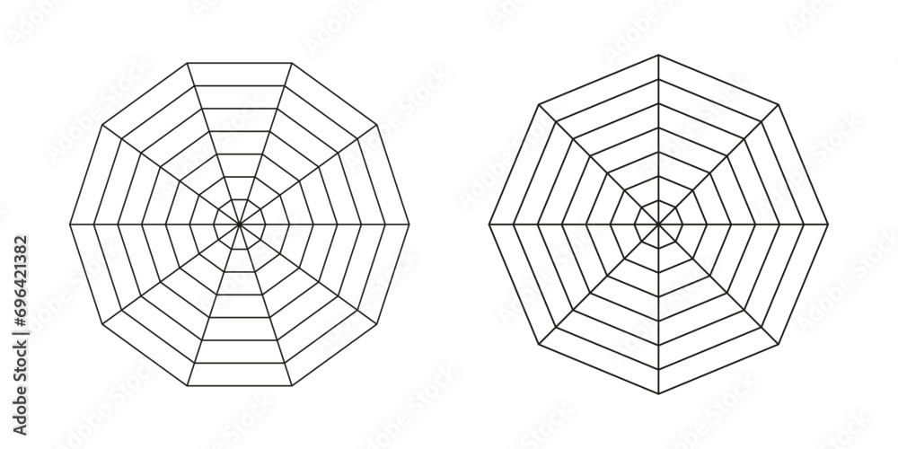 Decagon, octagon graphs. Set of radar spider templates. Spider mesh ...