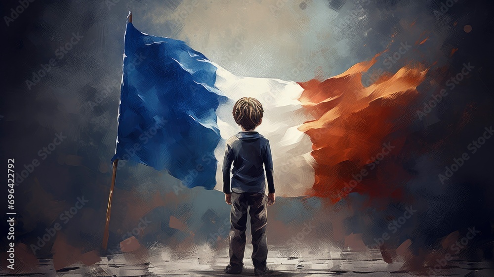 Little boy looking at the French flag. French National Day. French ...