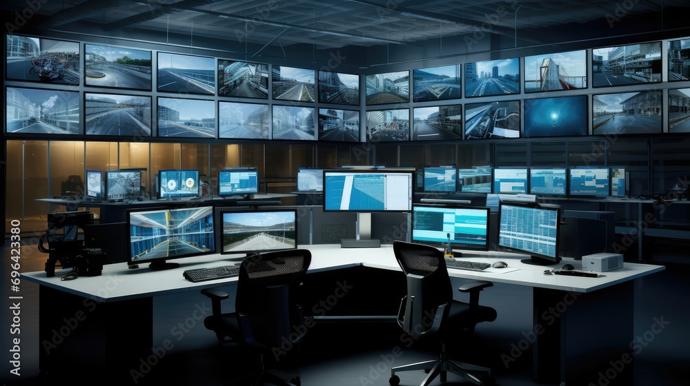 Modern traffic control room with multiple surveillance screens Stock ...