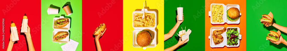 Modern collage. set of Assorted take out fast foods. female hands holds ...