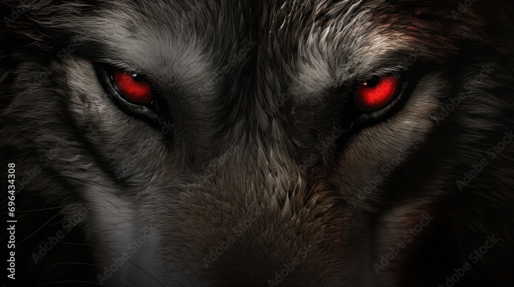 a close up of a wolf's face with red eyes and a black background with a ...
