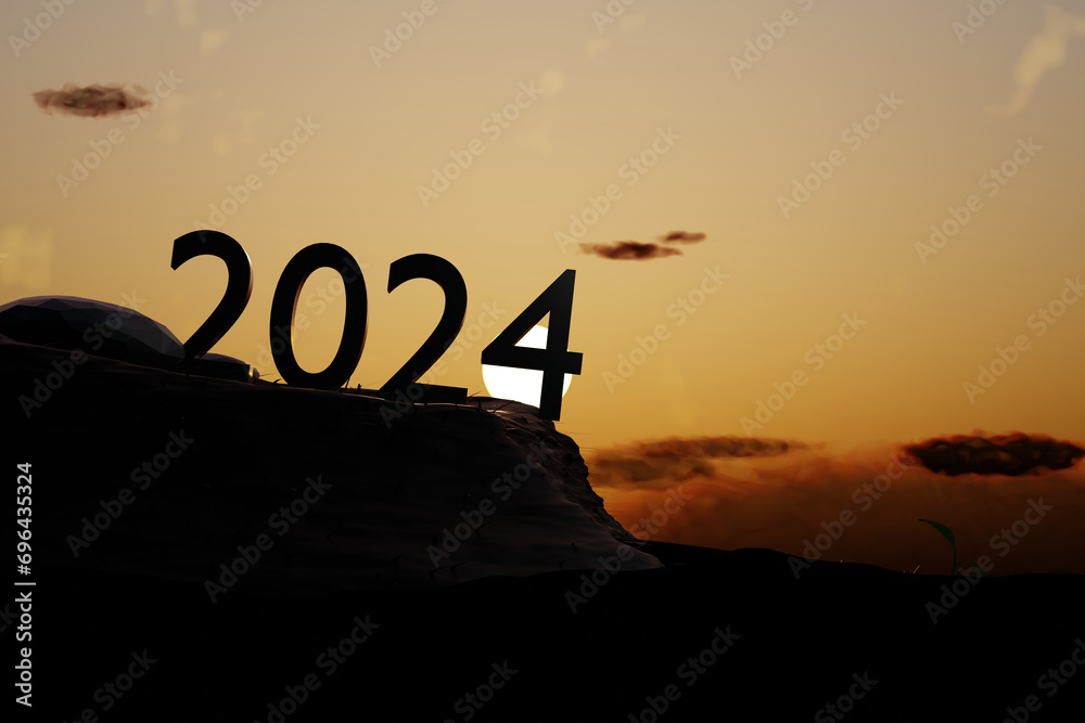 New Year 2024 with Silhouette and sunset background, 2024 stands on a ...