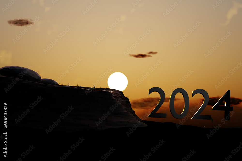 New Year 2024 with Silhouette and sunset background, 2024 stands on a ...