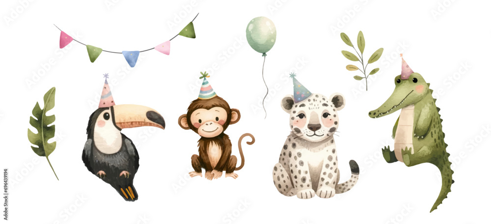 Collection of Birthday Jungle Animals illustrations. Watercolor ...