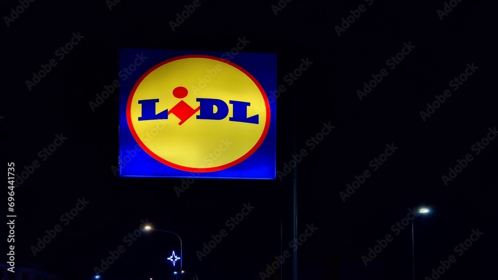 LIDL logo on hypermarket from German chain, part of Schwartz Gruppe ...