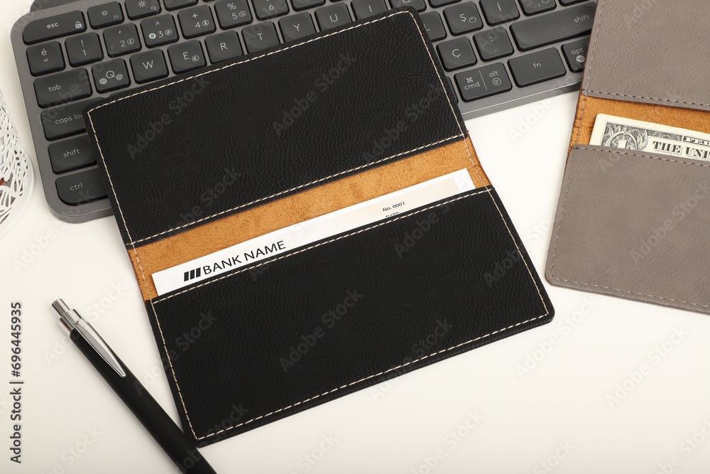 Colorful leather checkbook. Genuine leather checkbook, concept shot ...