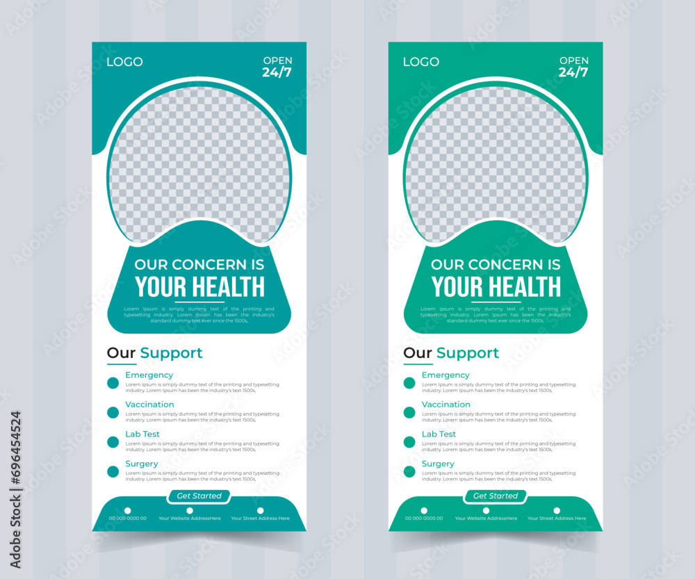 Vector healthcare and medical care roll up stand banner design x roll ...