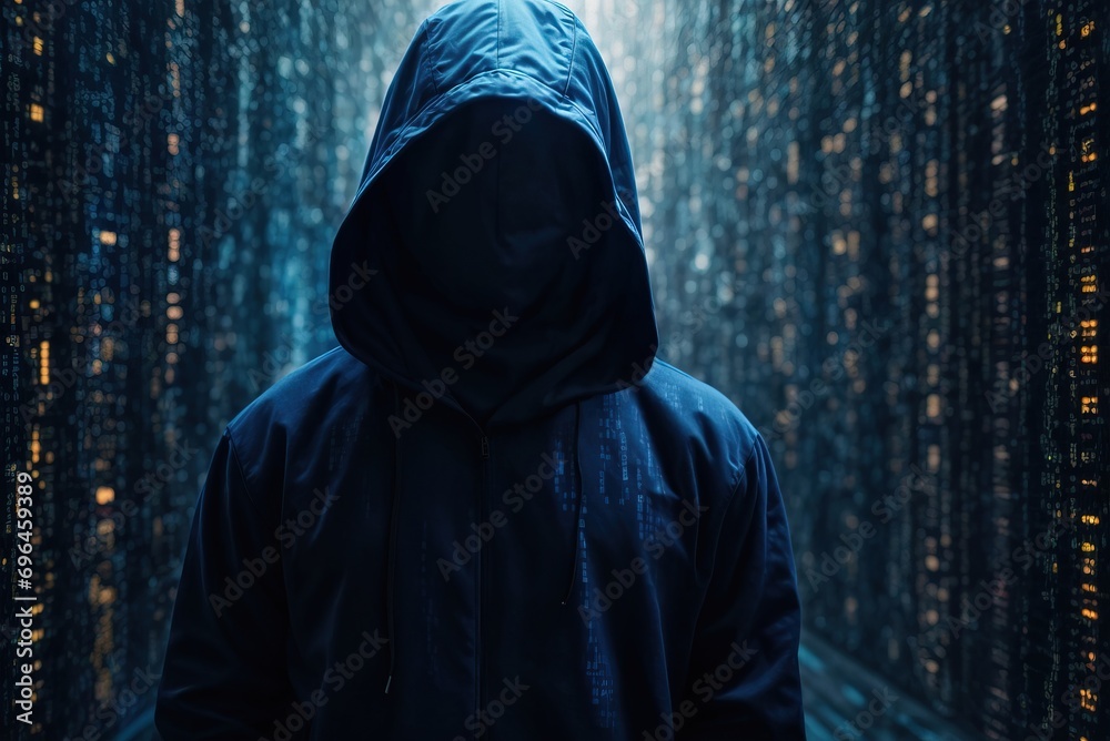 Blue binary code, forming a silhouette of a hacker in a hoodie, dynamic ...