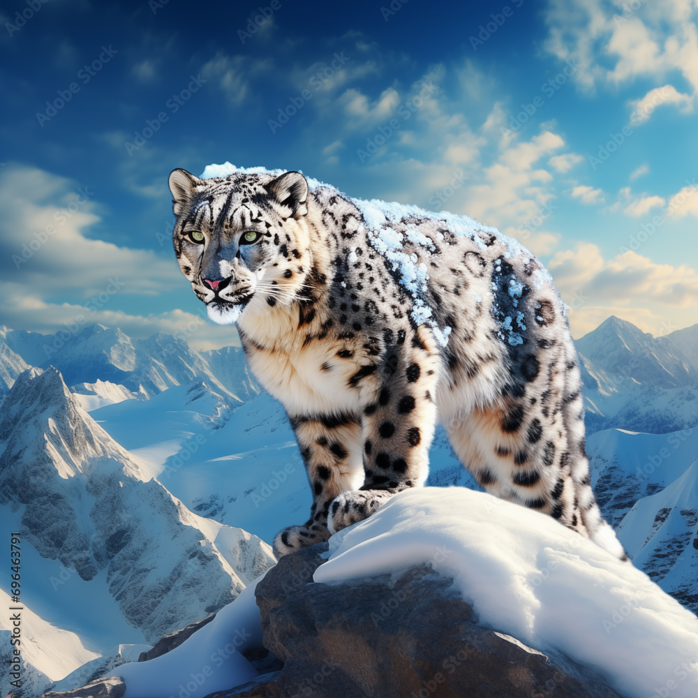 leopardo das neves fazendo posse lendária no topo de uma montanha de ...
