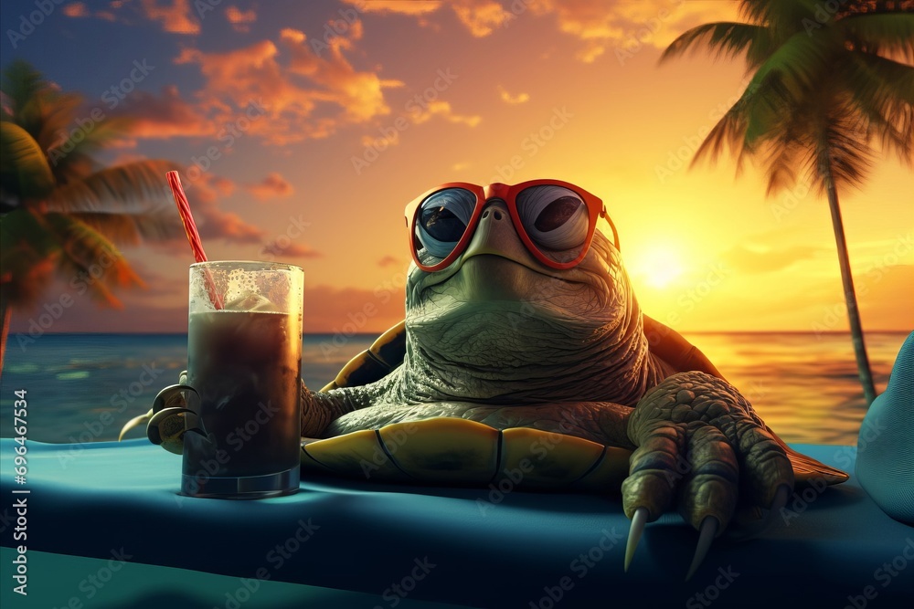 turtle drinks a cocktail while sitting on the beach by the sea. The ...