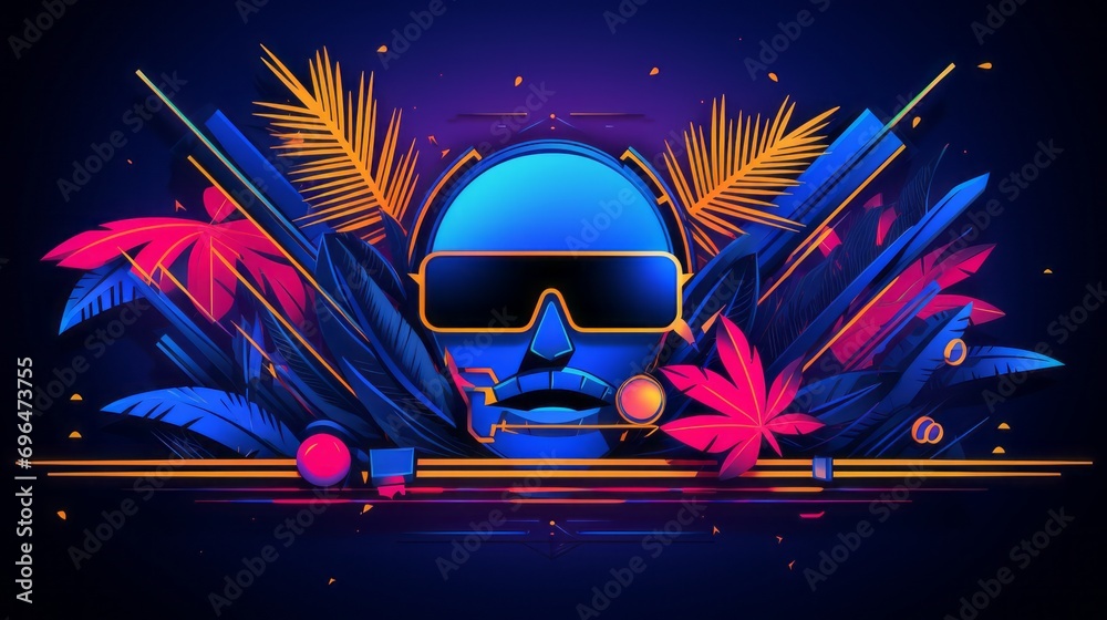 1980s symbols, triangle, glasses, sun, palm trees, illuminated signs ...
