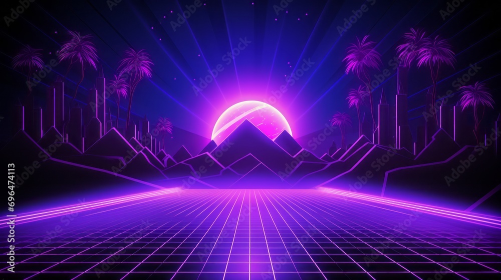 1980s symbols, triangle, glasses, sun, palm trees, illuminated signs ...