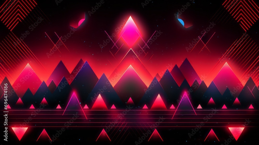 1980s symbols, triangle, glasses, sun, palm trees, illuminated signs ...