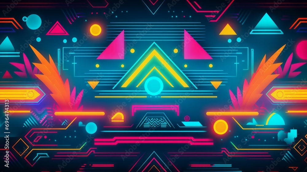 1980s symbols, triangle, glasses, sun, palm trees, illuminated signs ...